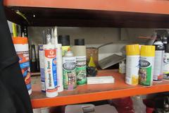 Metal Shelf with Contents of Shop Chemicals, Tools, Supplies and More